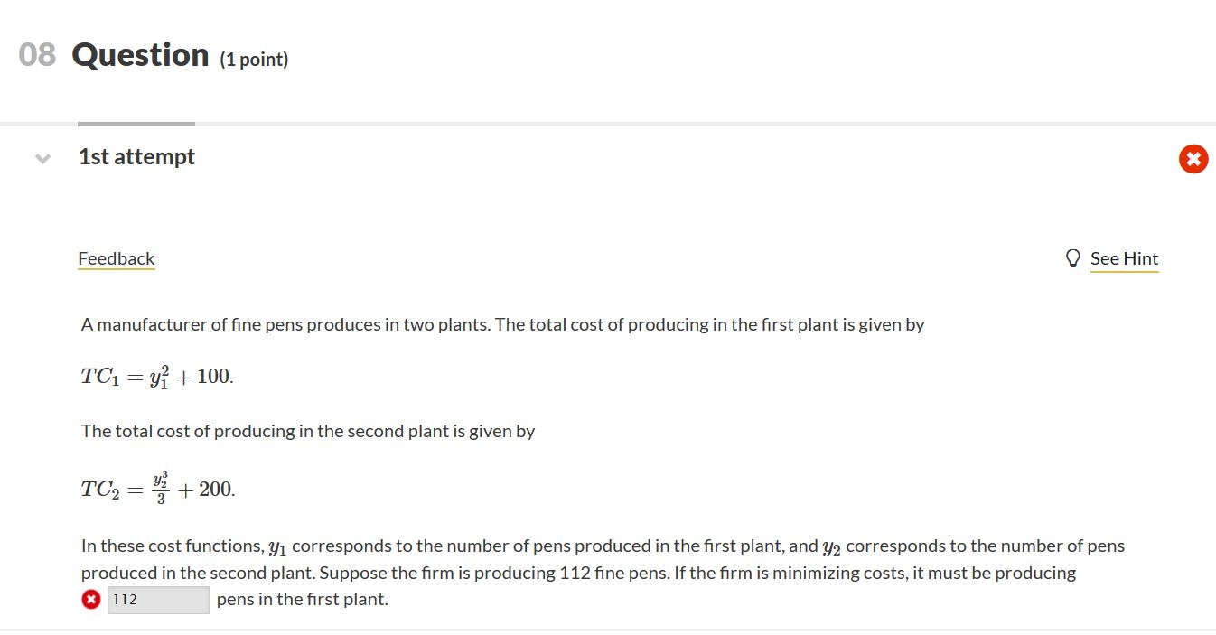 Solved 08 Question (1 point) 1st attempt Feedback See Hint A | Chegg.com