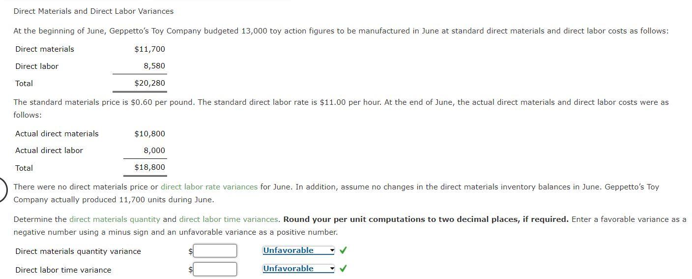 Solved Direct Materials and Direct Labor Variances follows: | Chegg.com