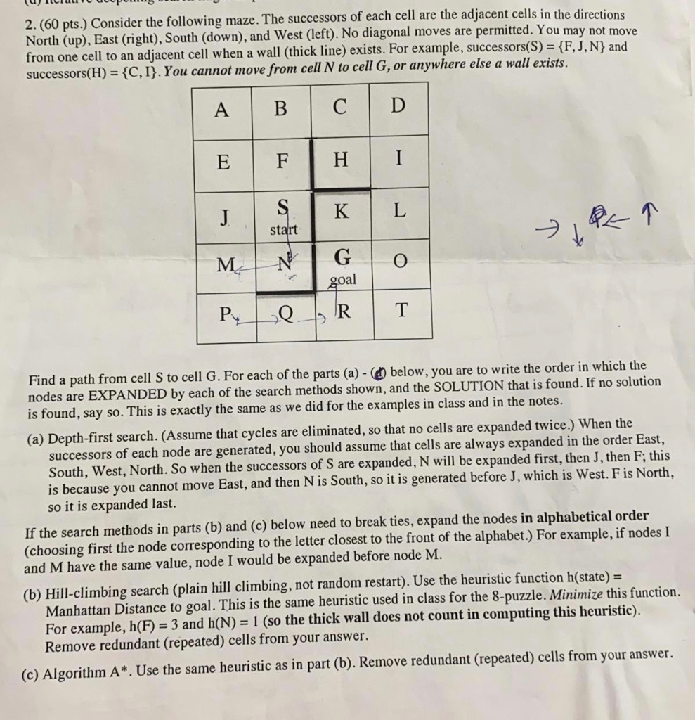 Solved 2. (60 pts. Consider the following maze. The | Chegg.com
