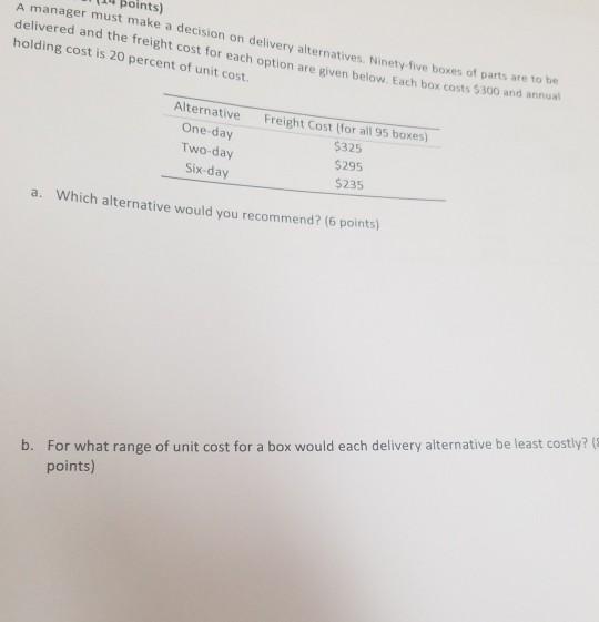 Solved oints) A manager must make a decision on delivery | Chegg.com