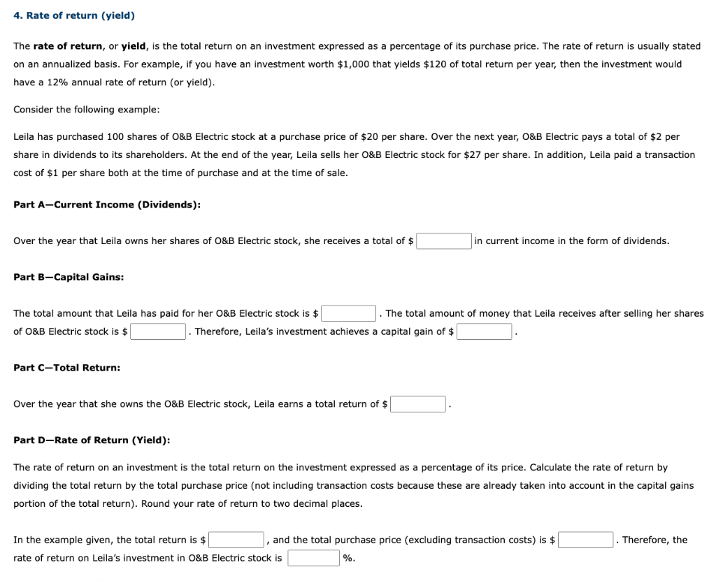 Solved 4 Rate Of Return yield The Rate Of Return Or Chegg