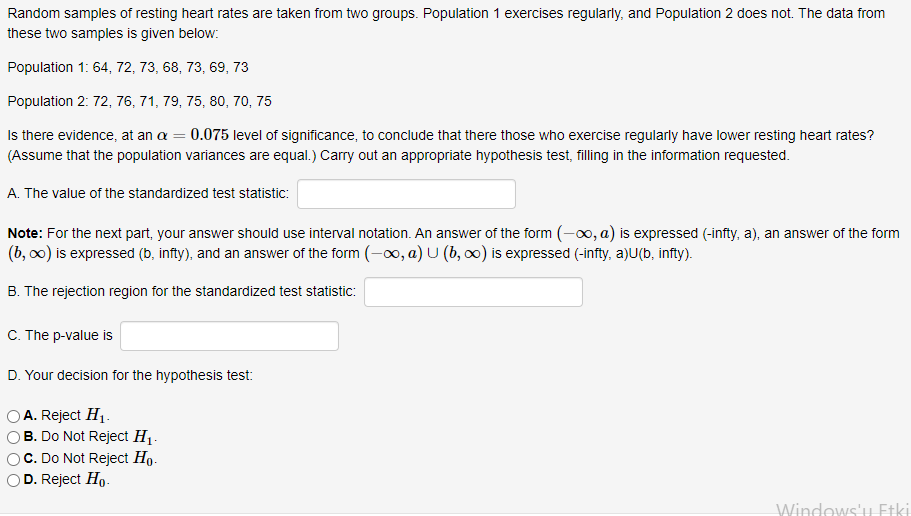 Solved Random samples of resting heart rates are taken from | Chegg.com