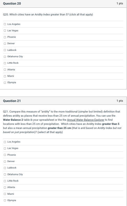 Solved Question 20 1 pts Q20. Which cities have an Aridity | Chegg.com