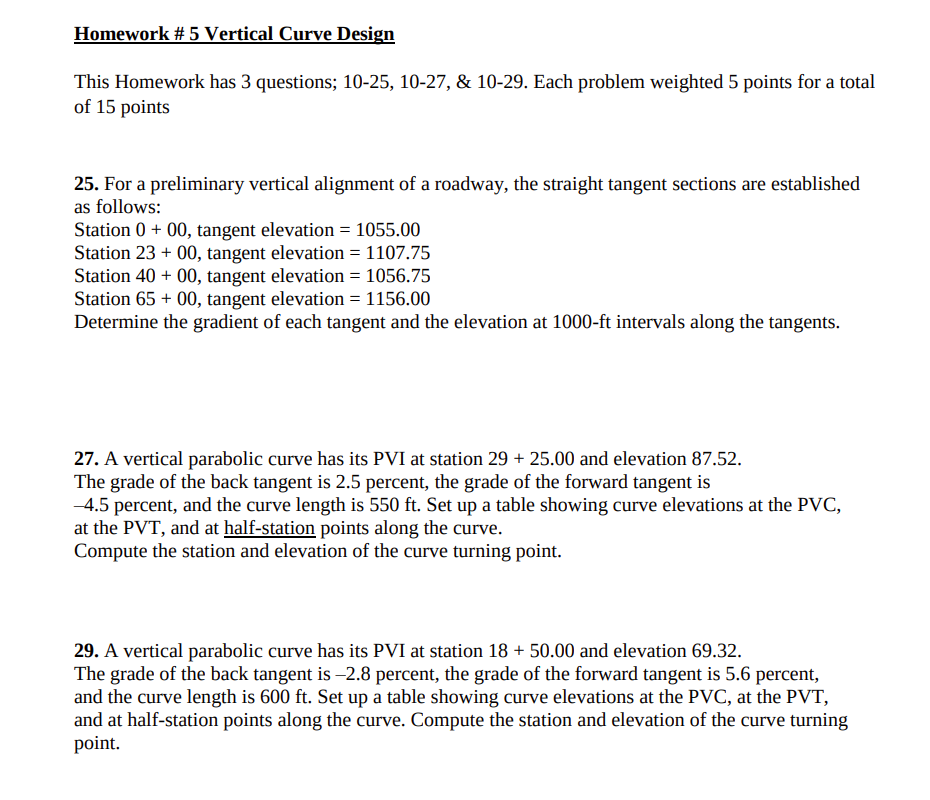Solved Homework \# 5 Vertical Curve Design This Homework has | Chegg.com