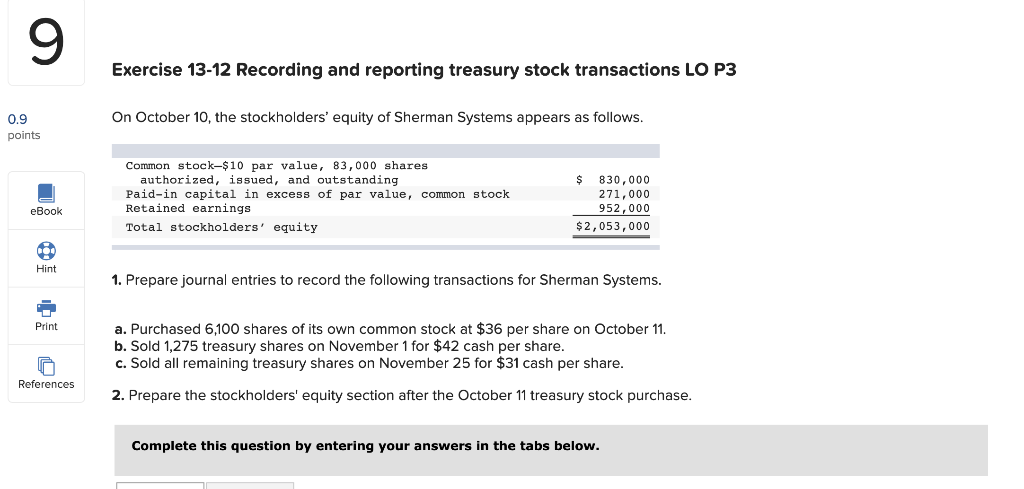Solved 9 Exercise 13-12 Recording and reporting treasury | Chegg.com