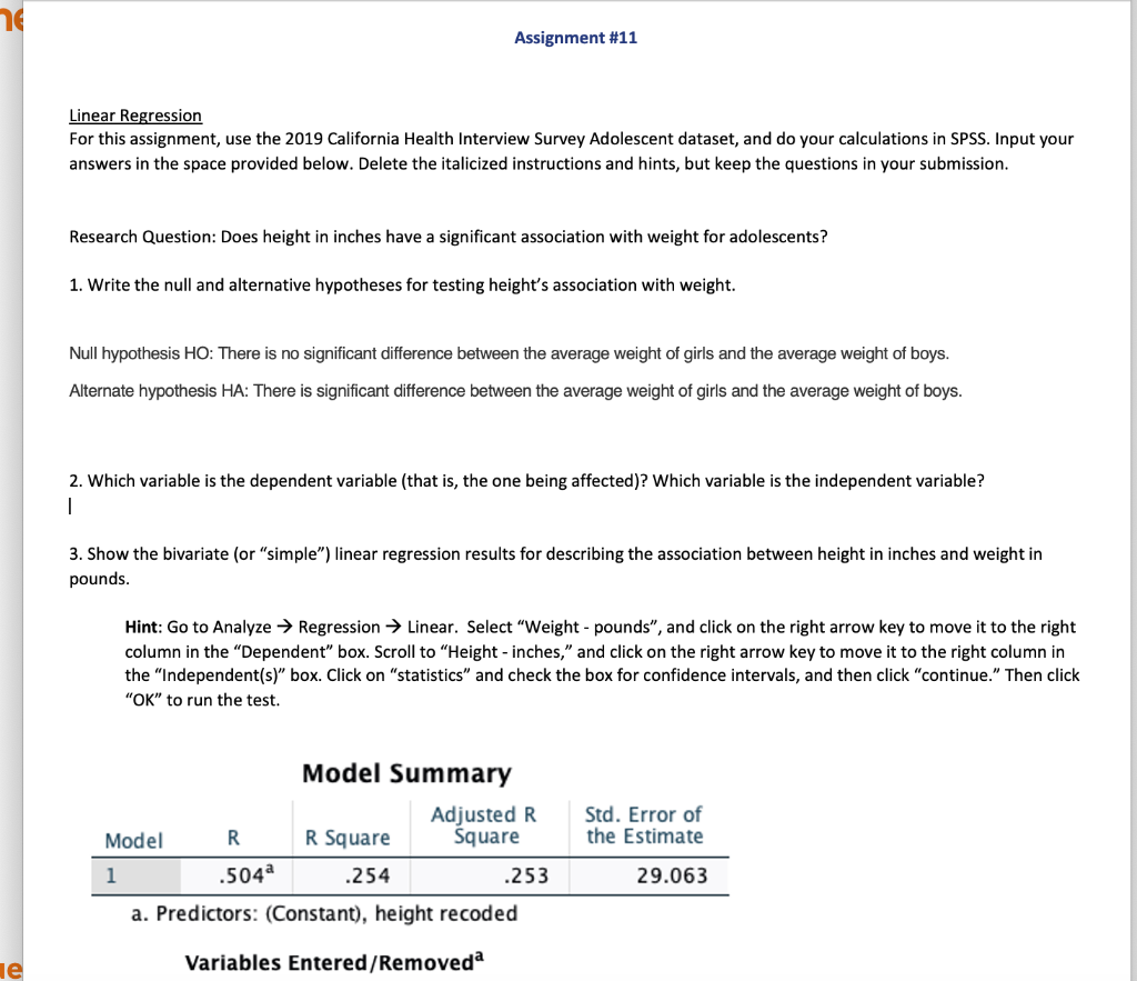 Solved 26 Assignment #11 Linear Regression For this | Chegg.com