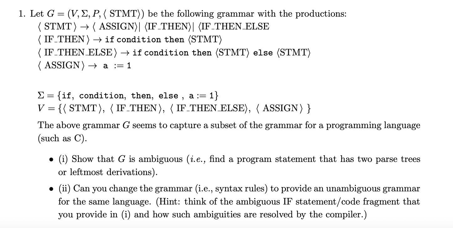 Solved = 1. Let G = (V, E, P, ( STMT)) be the following | Chegg.com