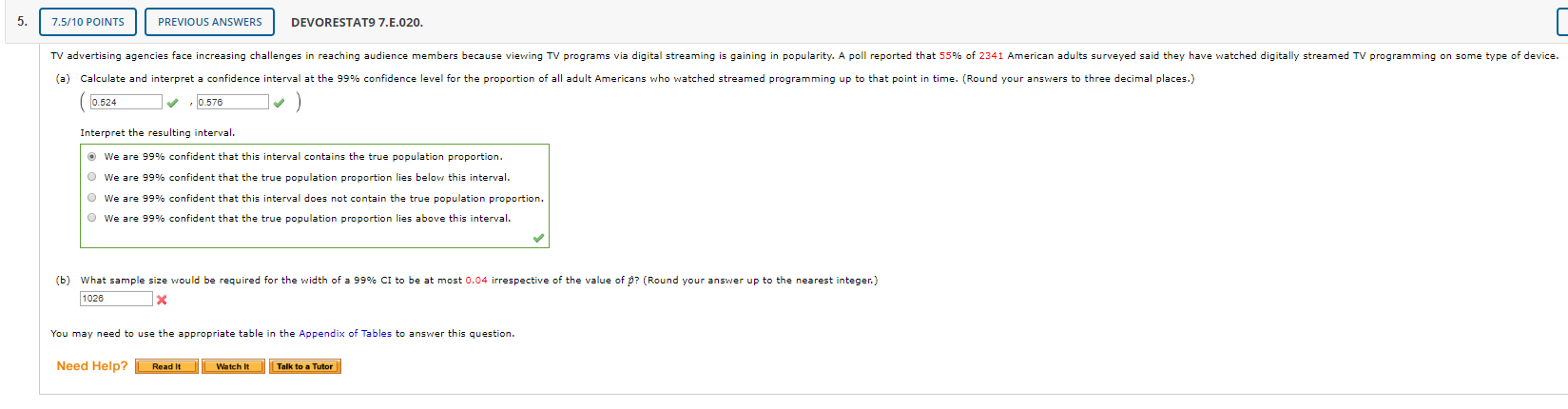 Solved 7.5/10 POINTS PREVIOUS ANSWERS DEVORESTAT9 7.E.020. | Chegg.com