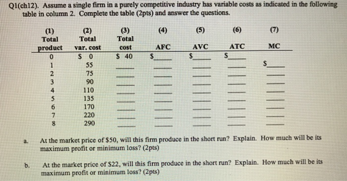 Solved Ql(ch12). Assume a single firm in a purely | Chegg.com