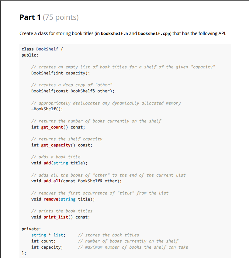 Solved Part 1 (75 points) Create a class for storing book | Chegg.com