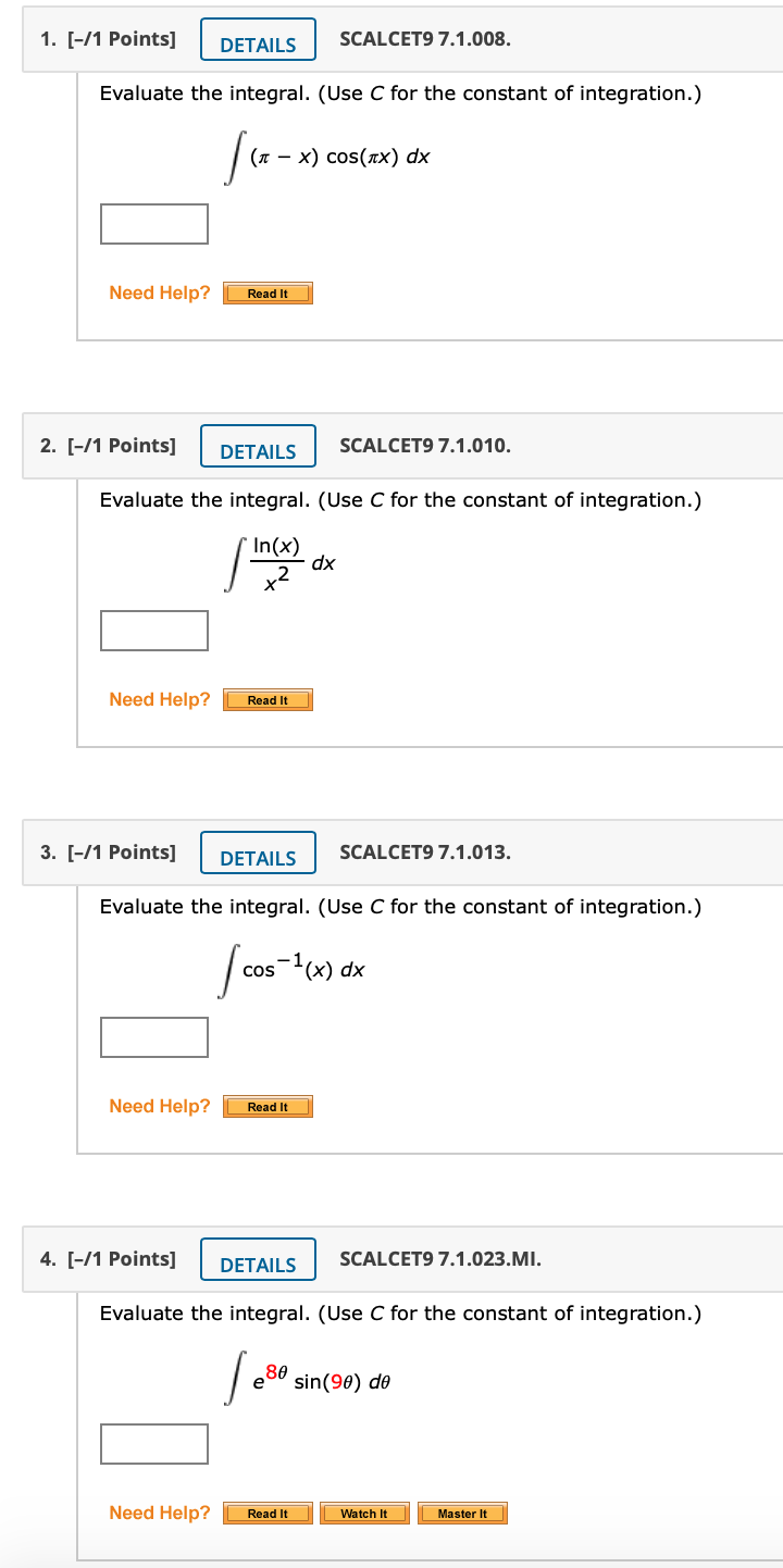 Solved 1. [-/1 Points] DETAILS SCALCET9 7.1.008. Evaluate | Chegg.com