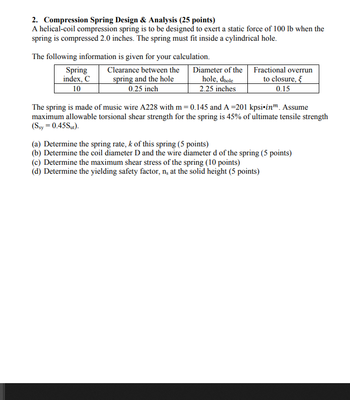 Solved 2. Compression Spring Design & Analysis (25 points) A | Chegg.com