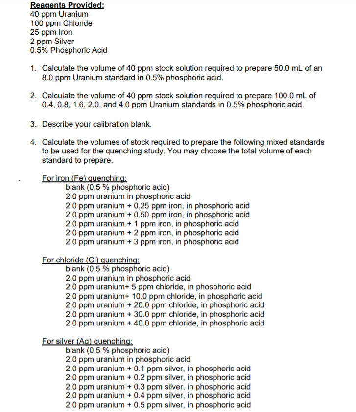 Solved Reagents Provided: 40 ppm Uranium 100 ppm Chloride 25 | Chegg.com