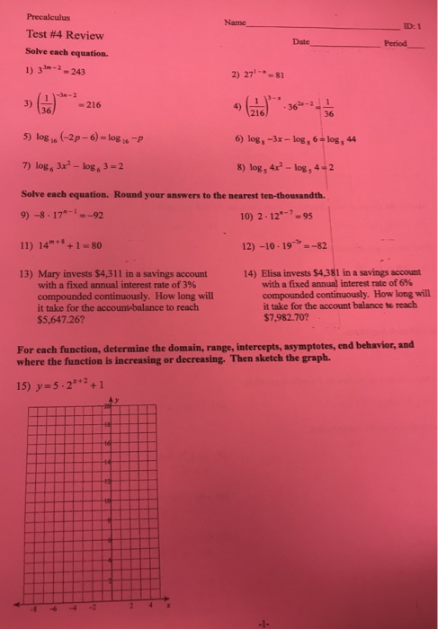 Solved Precalculus Test #4 Review Solve each equation. 1) | Chegg.com