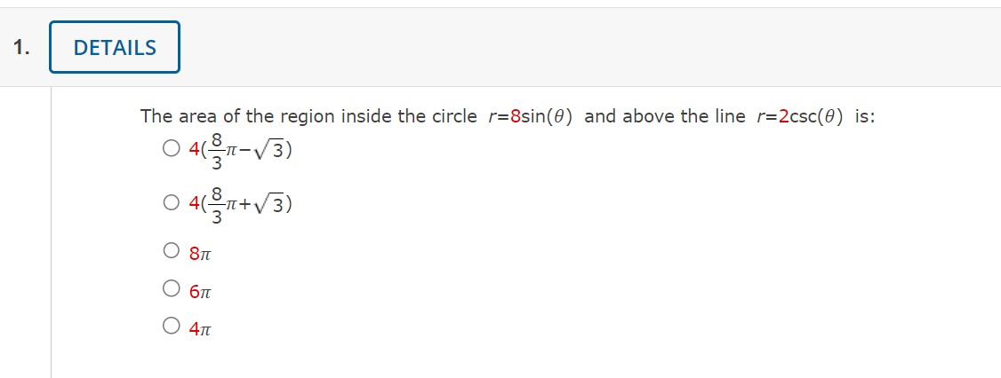 Solved The area of the region inside the circle r=8sin(𝜃) | Chegg.com