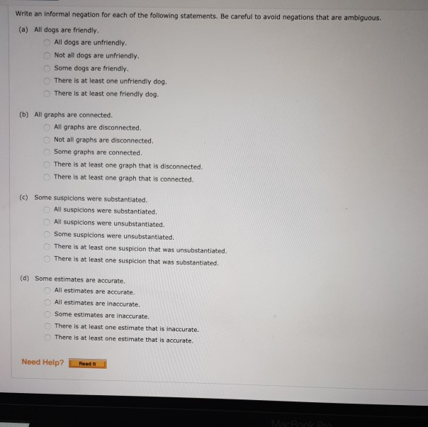 Solved Write an informal negation for each of the following | Chegg.com