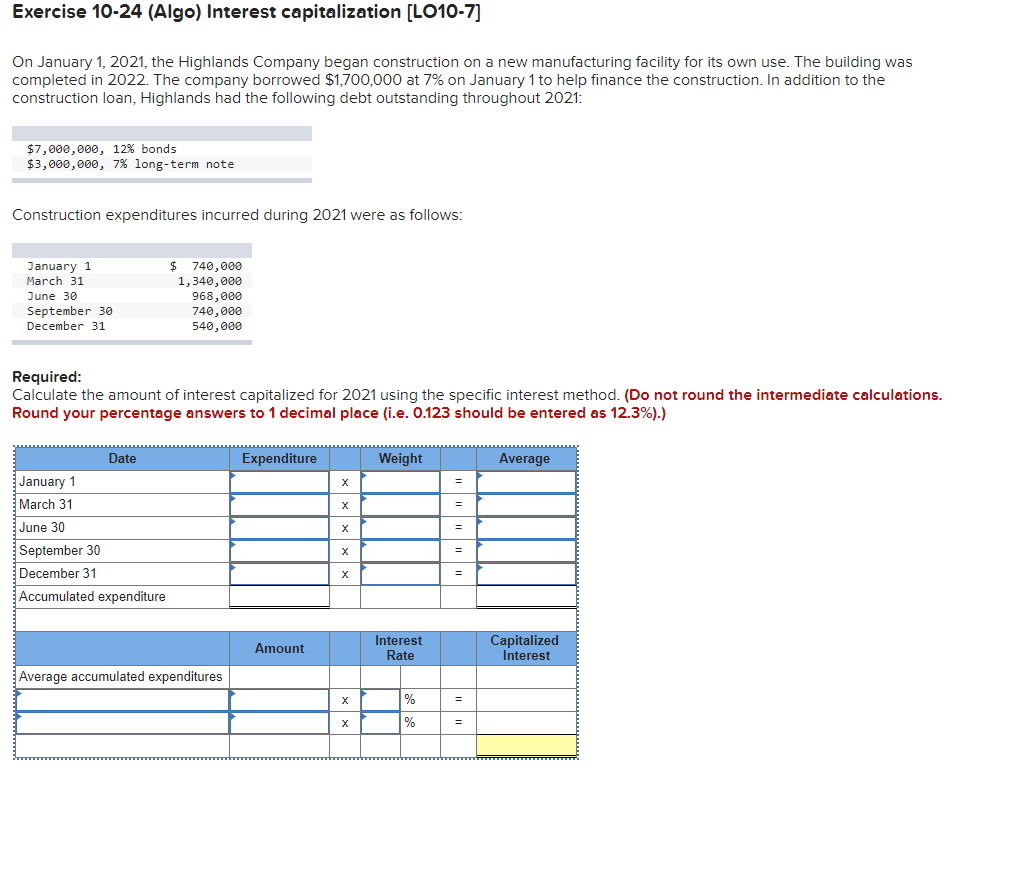 Solved Exercise 10-24 (Algo) Interest capitalization | Chegg.com