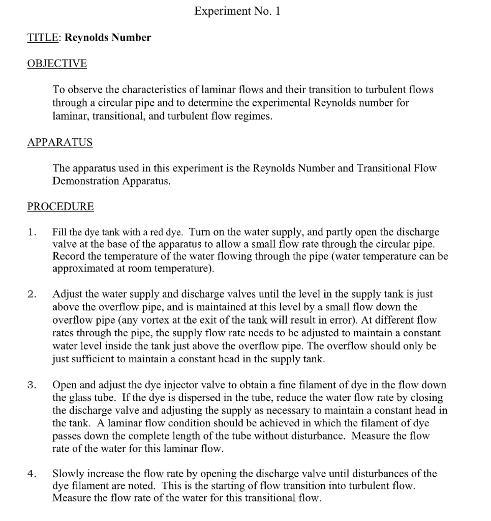 Solved Experiment No. 1 TITLE: Reynolds Number OBJECTIVE To | Chegg.com