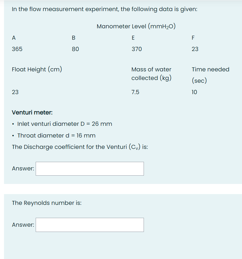 Solved In the flow measurement experiment, the following | Chegg.com