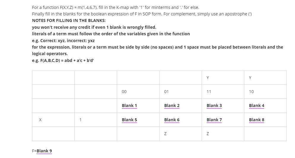 Solved For a function F(X,Y,Z)=m(1,4,6,7), fill in the K-map | Chegg.com