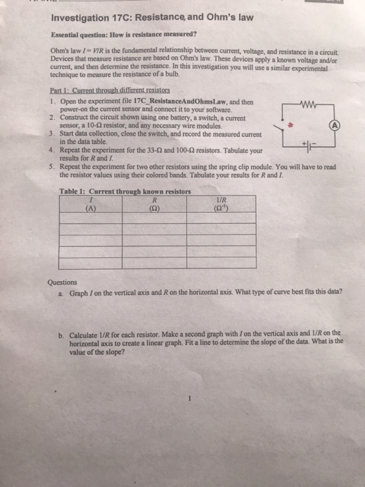 Investigation 17C: Resistance, and Ohm's law | Chegg.com