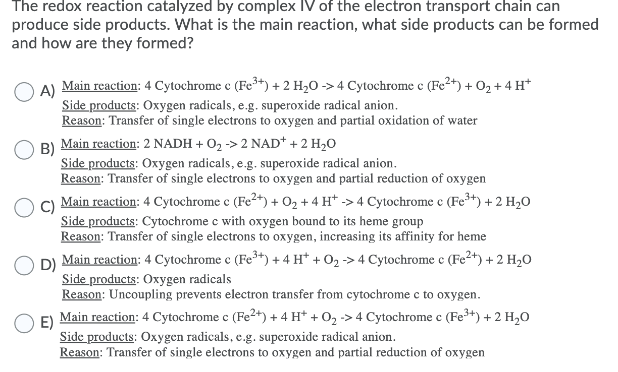 Solved The redox reaction catalyzed by complex IV of the | Chegg.com