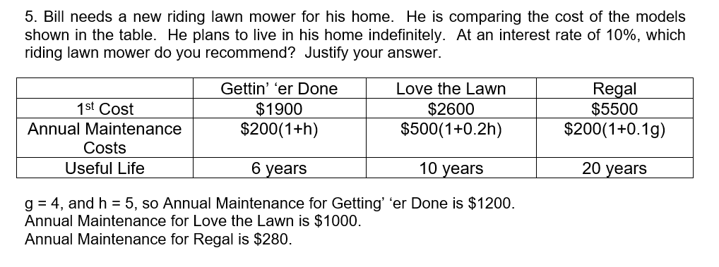 Solved 5. Bill needs a new riding lawn mower for his home. | Chegg.com