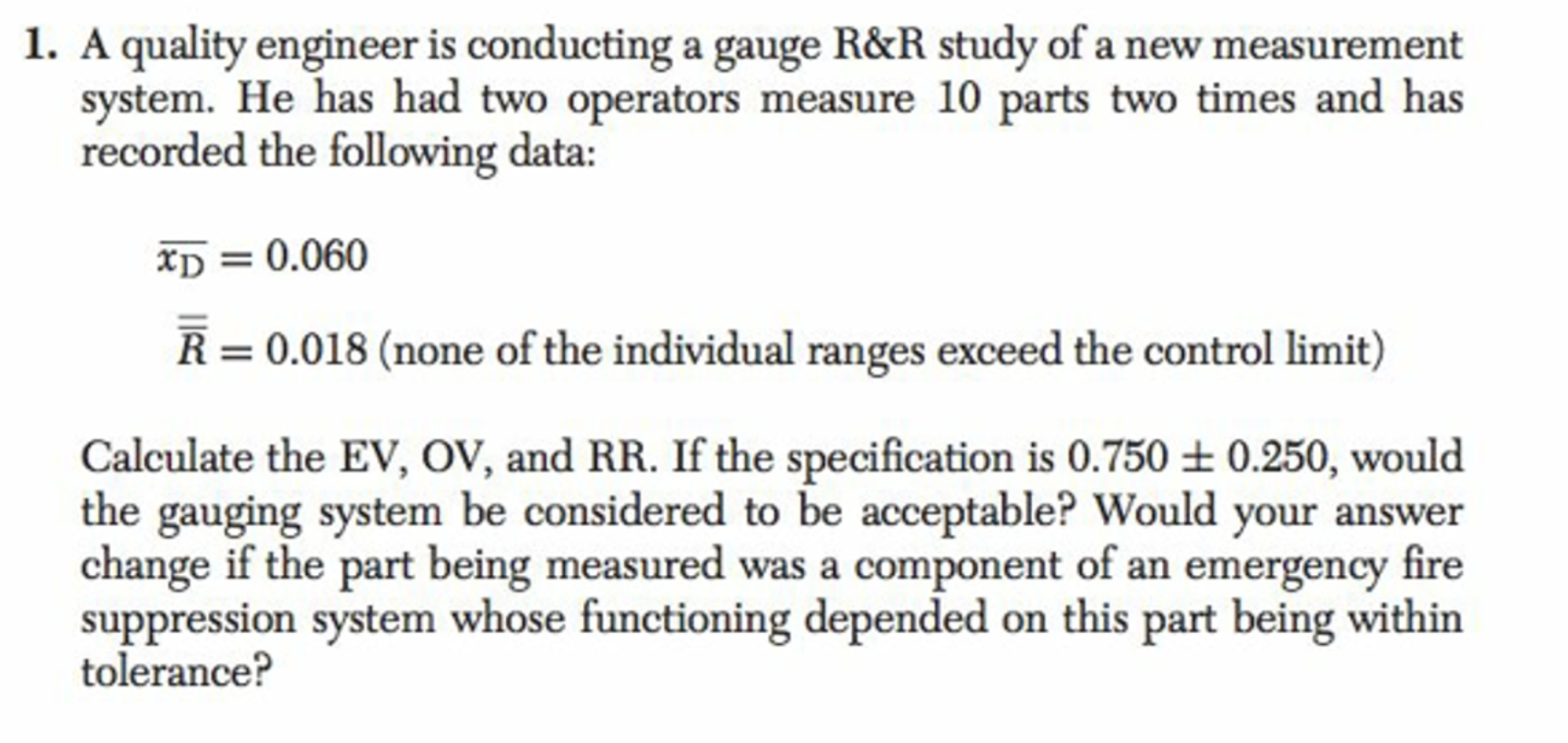 Solved 1. A quality engineer is conducting a gauge R&R study | Chegg.com