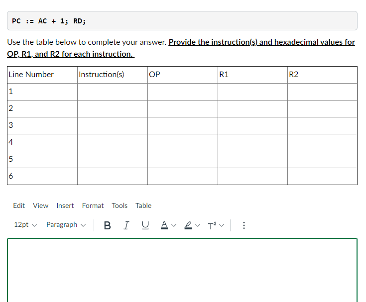 PC := AC + 1; RD; Use the table below to complete | Chegg.com