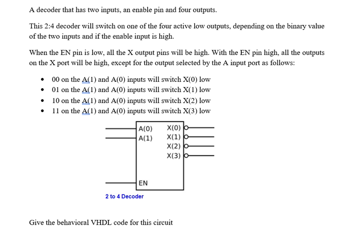Solved A decoder that has two inputs, an enable pin and four | Chegg.com