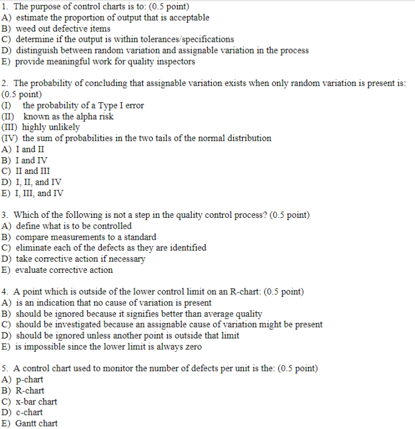 Solved 1. The purpose of control charts is to: (0.5 point) | Chegg.com