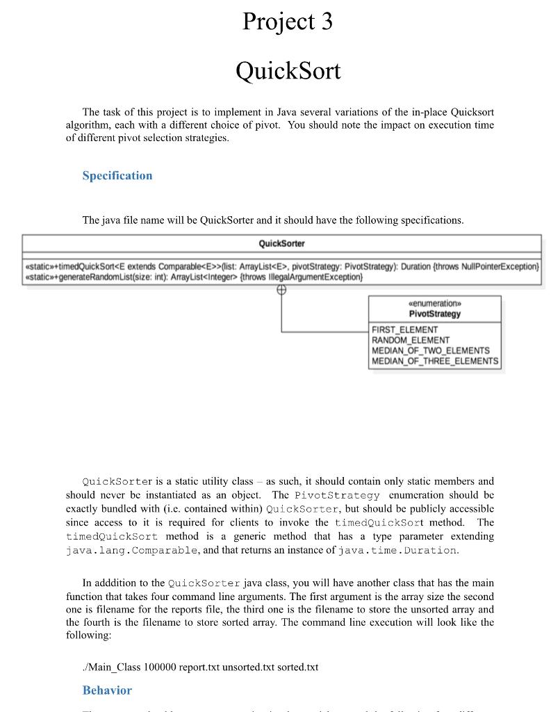 Solved Project 3 QuickSort The task of this project is to | Chegg.com