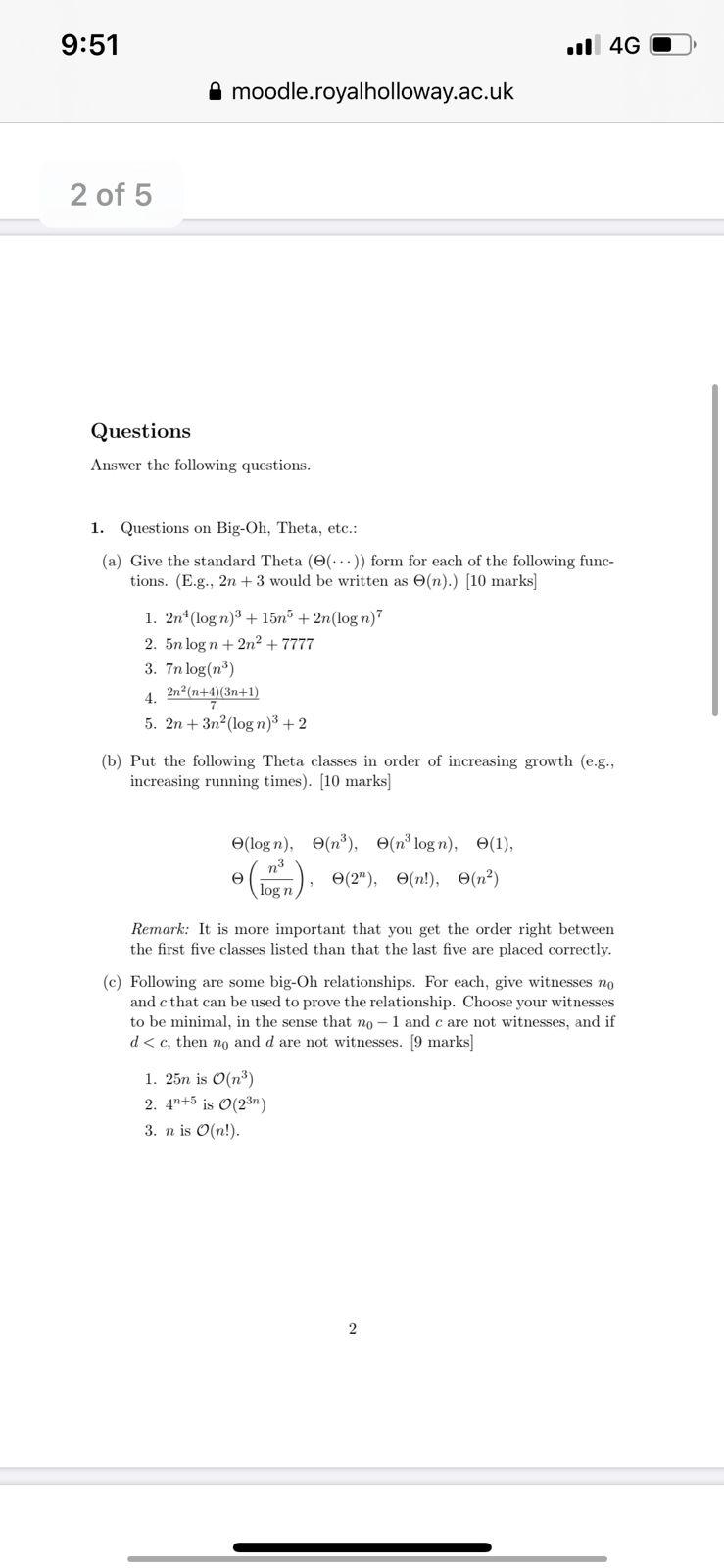 Solved 9:51 1 46 moodle.royalholloway.ac.uk 2 of 5 Questions | Chegg.com