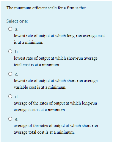 Solved The minimum efficient scale for a firm is the: Select | Chegg.com