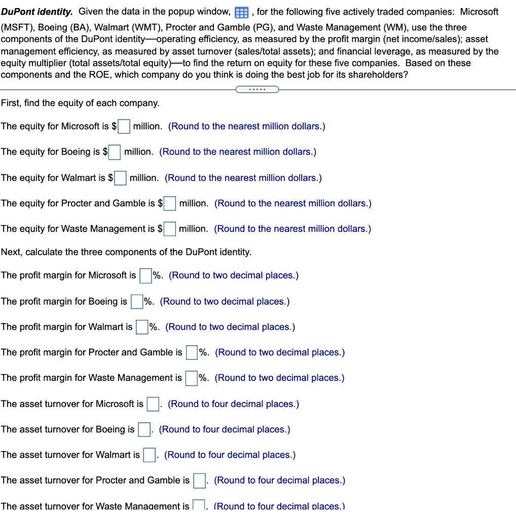 Solved DuPont identity. Given the data in the popup window, | Chegg.com