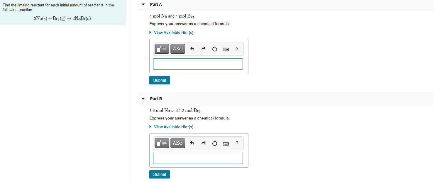 Solved Part A Find the limiting reactant for each initial | Chegg.com