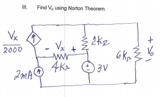 Solved III. Find V, using Norton Theorem. 2000 & 242 L-V Gk | Chegg.com