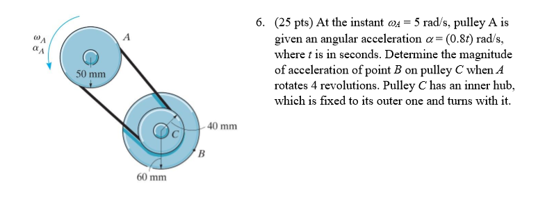 Solved 6. (25 pts) At the instant QA = 5 rad/s, pulley A is | Chegg.com