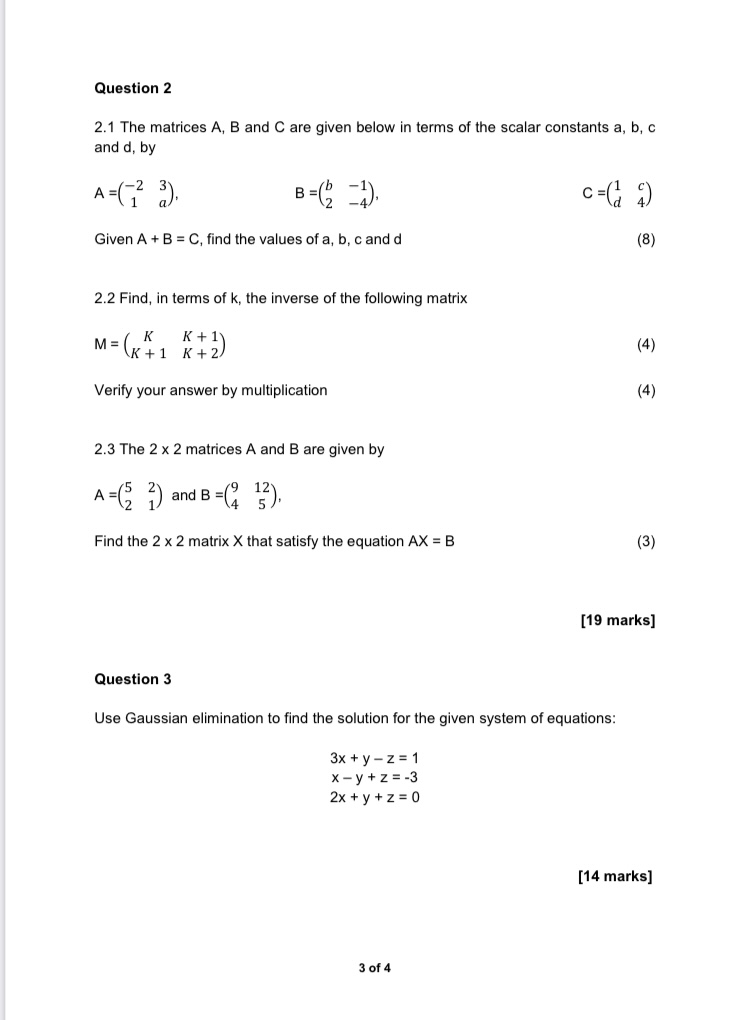 Solved 2.1 The matrices A, B and C are given below in terms | Chegg.com