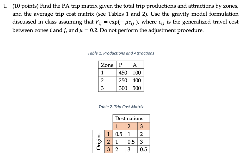 Solved (10 points) Find the PA trip matrix given the total | Chegg.com
