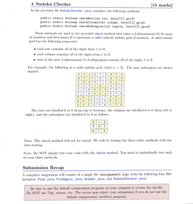 (Solved) : 4 Sudoku Checker Provided File Sudokucheckerjava Complete Following Methods 15 Marks ...