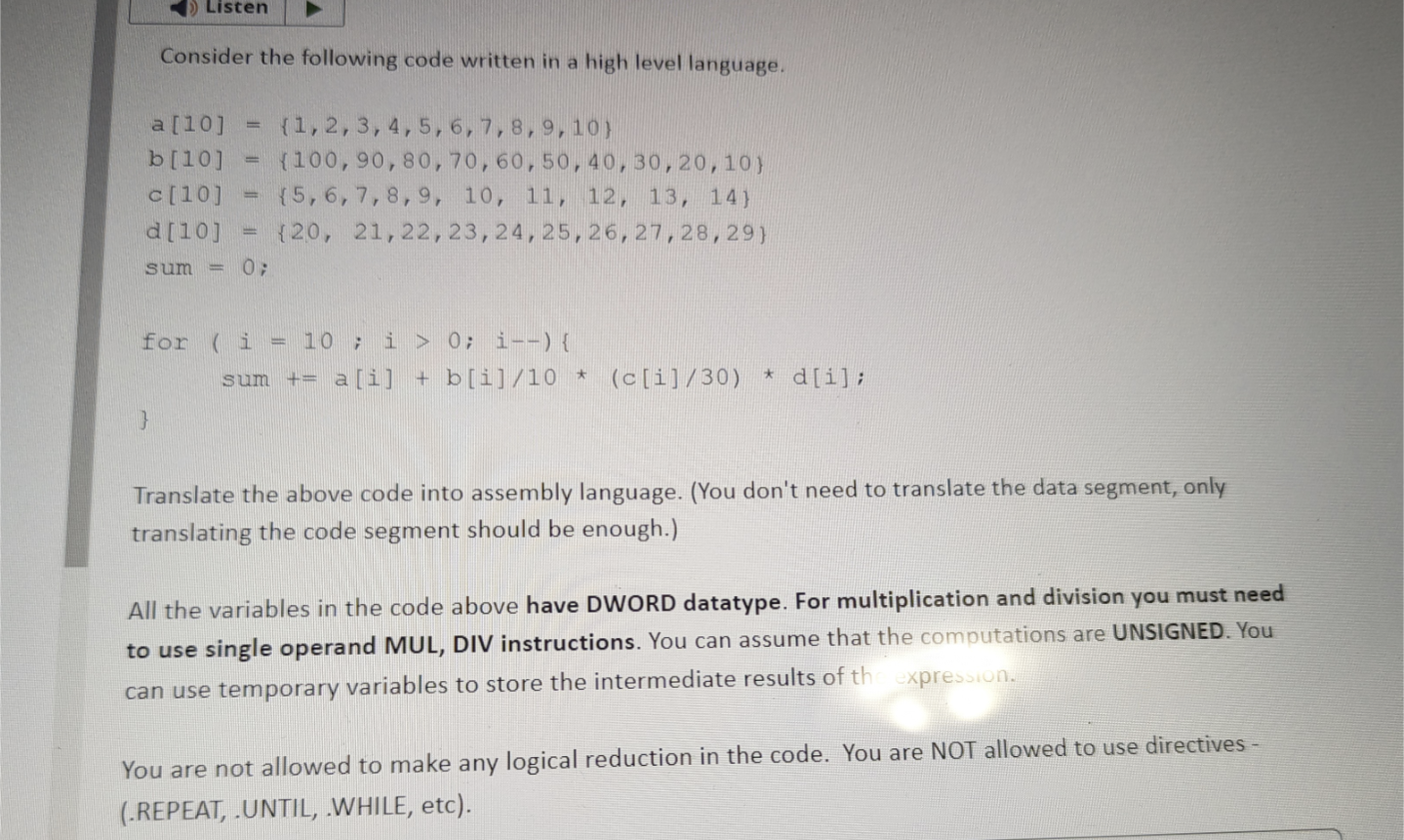 Solved Consider the following code written in a high level | Chegg.com