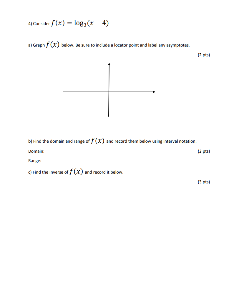 Solved 4) Consider f(x) = log3(x – 4) a) Graph f(x) below. | Chegg.com