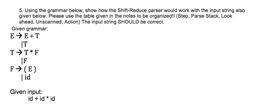 Solved 5. Using the grammar below, show how the Shift-Reduce | Chegg.com