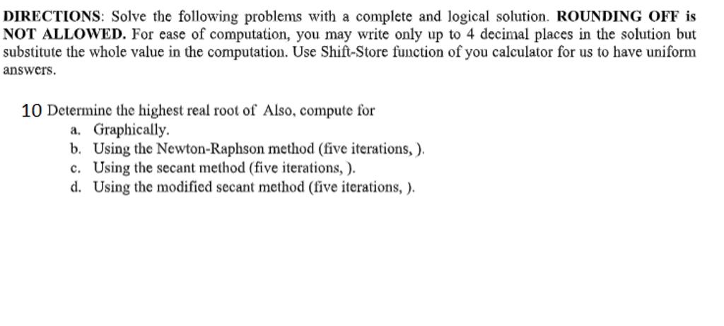 DIRECTIONS: Solve the following problems with a | Chegg.com