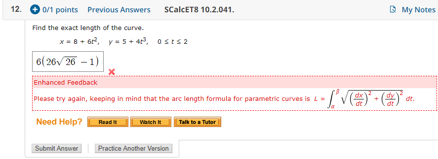 Solved 12. + 0/1 points Previous Answers SCalcET8 10.2.041. | Chegg.com