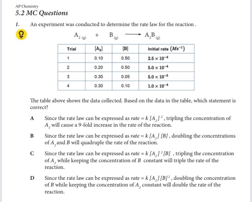 Solved AP Chemistry 5.2 MC Questions 1. An experiment was | Chegg.com