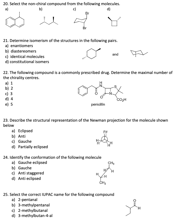 Solved 20. Select the non-chiral compound from the following | Chegg.com