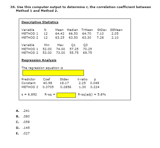 Solved 36. Use this computer output to determine r, the | Chegg.com