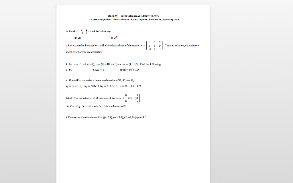 Solved Math 351 Linear Algebra& Matrix Theory In Class | Chegg.com